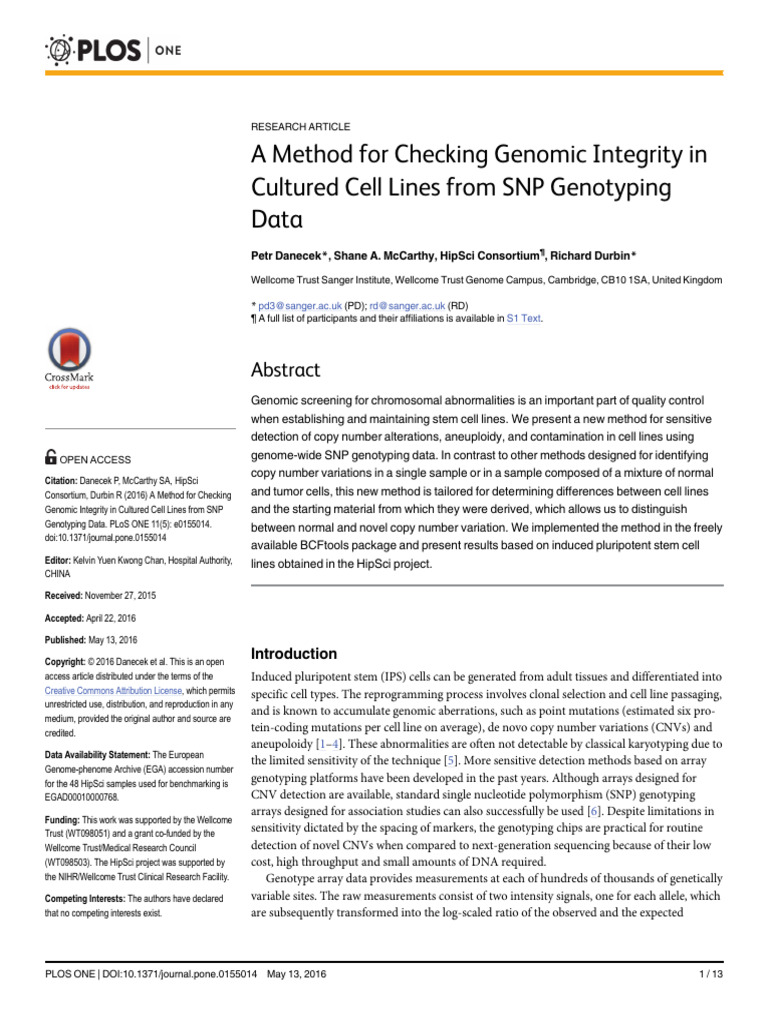A Method For Checking Genomic Integrity in Cultured Cell Lines From SNP ...