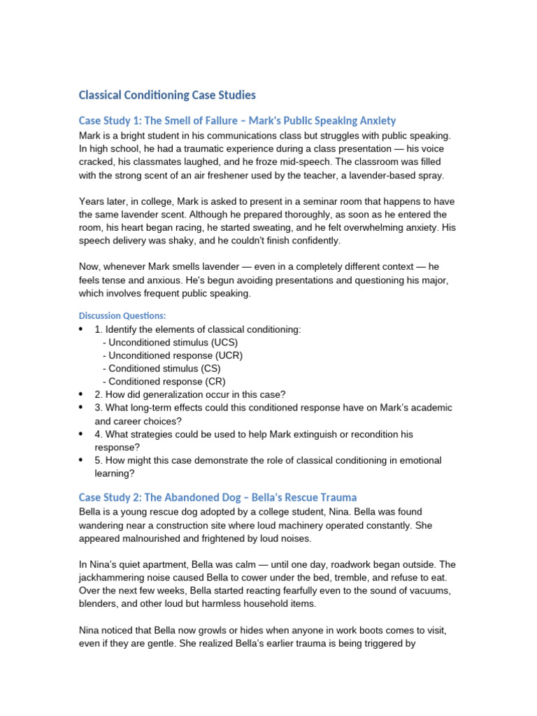 Classical Conditioning Case Studies | PDF | Classical Conditioning | Psychological Trauma