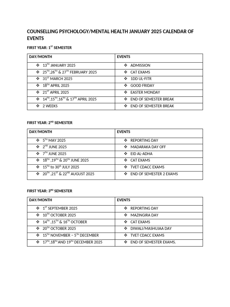 Counselling and Mental Health Calender of Events | PDF