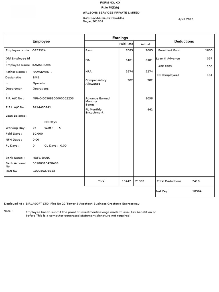 Walsons Services Salary Slip April 2025 | PDF | Taxes | Business