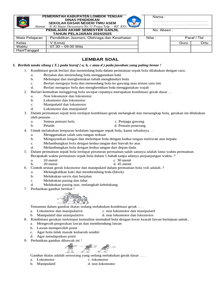 Soal PJOK Kelas V PAS 1 | PDF