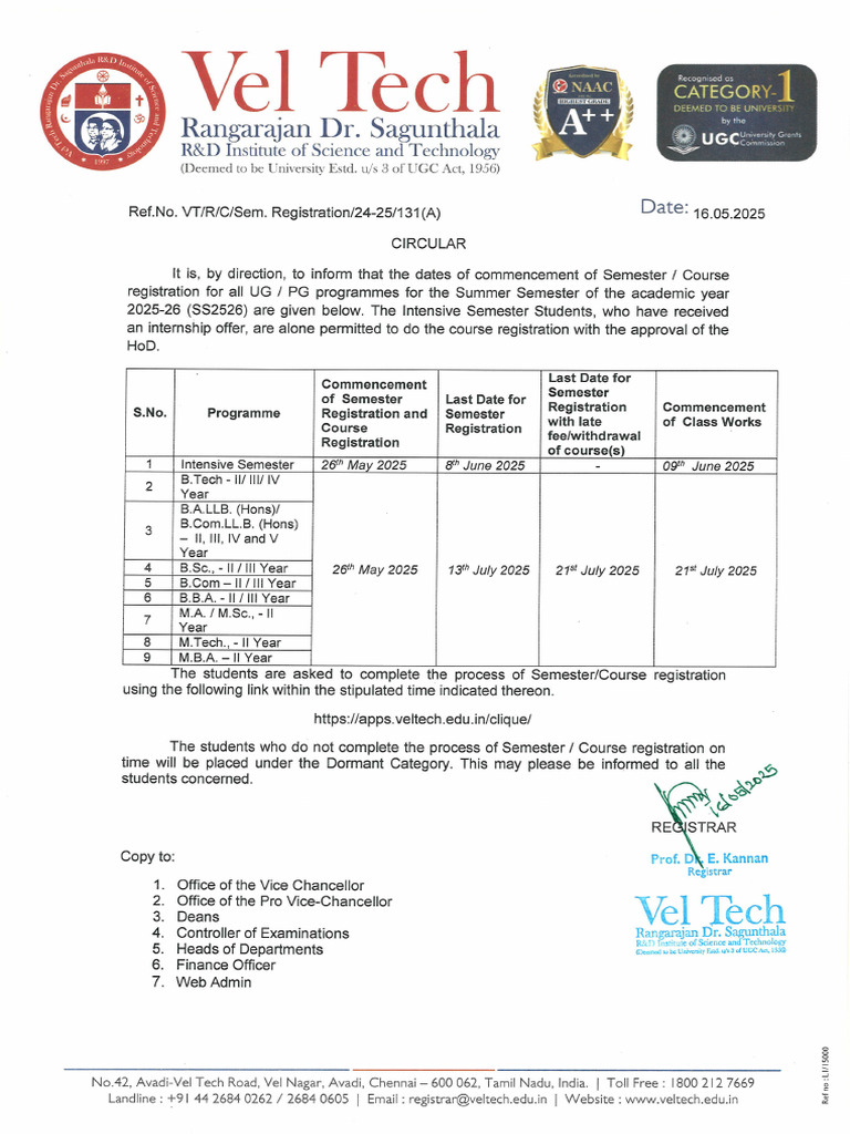 131 (A) CIRCULAR - Sem - Registration - REG | PDF