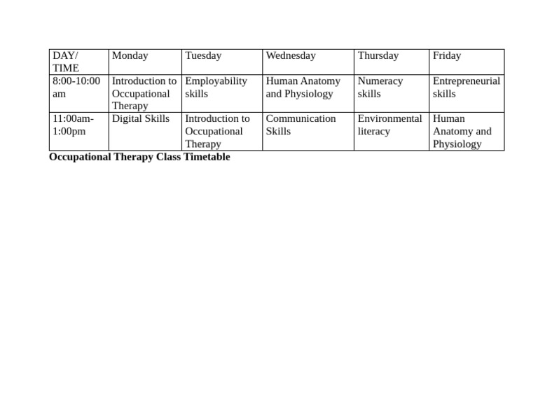 Occupational Therapy Class Timetable | PDF