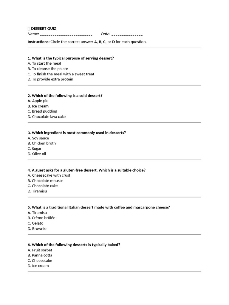 Dessert Quiz: Questions & Answers | PDF