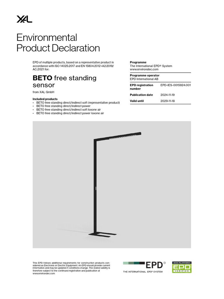 XAL EPD BETO Free Standing Sensor | PDF | Lighting