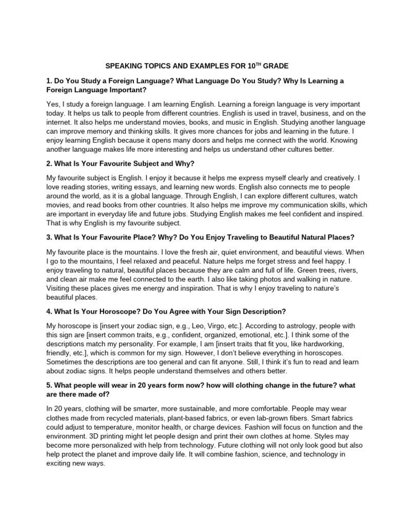 10th Grade Speaking Topics Guide | PDF | Horoscope | English Language