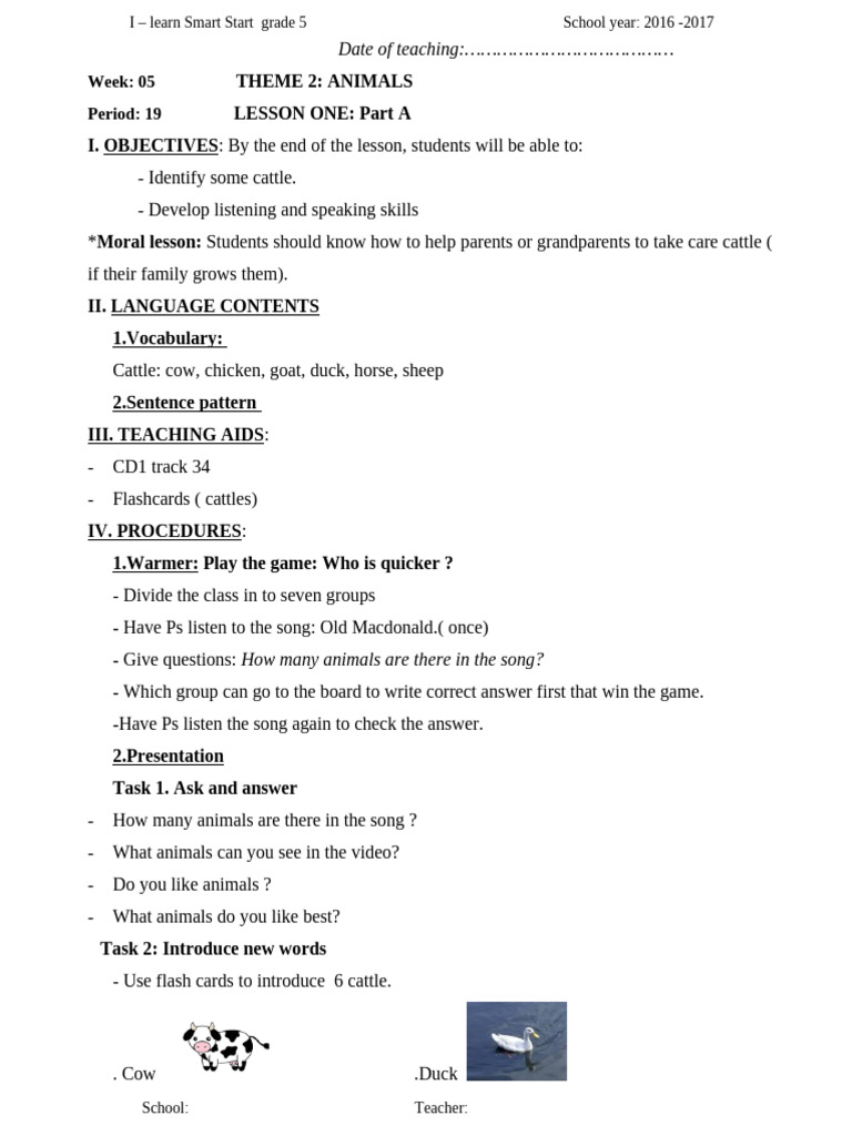 Grade 5 Animals Lesson Plan | PDF | Vocabulary | Flashcard
