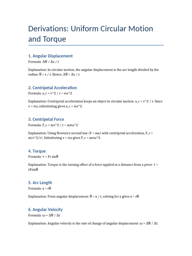 Uniform Circular Motion & Torque Formulas | PDF