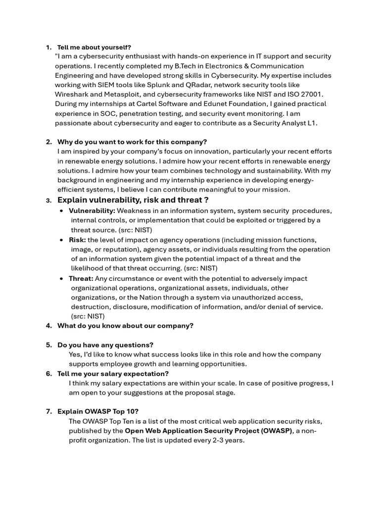 SOC Analyst L1 & Cybersecurity Analyst Interview Questions | PDF | Security | Computer Security
