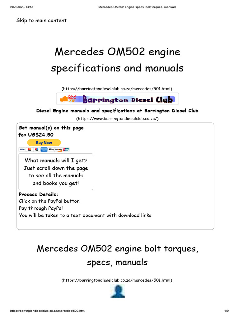 Mercedes OM502 Engine Specs, Bolt Torques, Manuals | PDF | Engines | Vehicle Technology