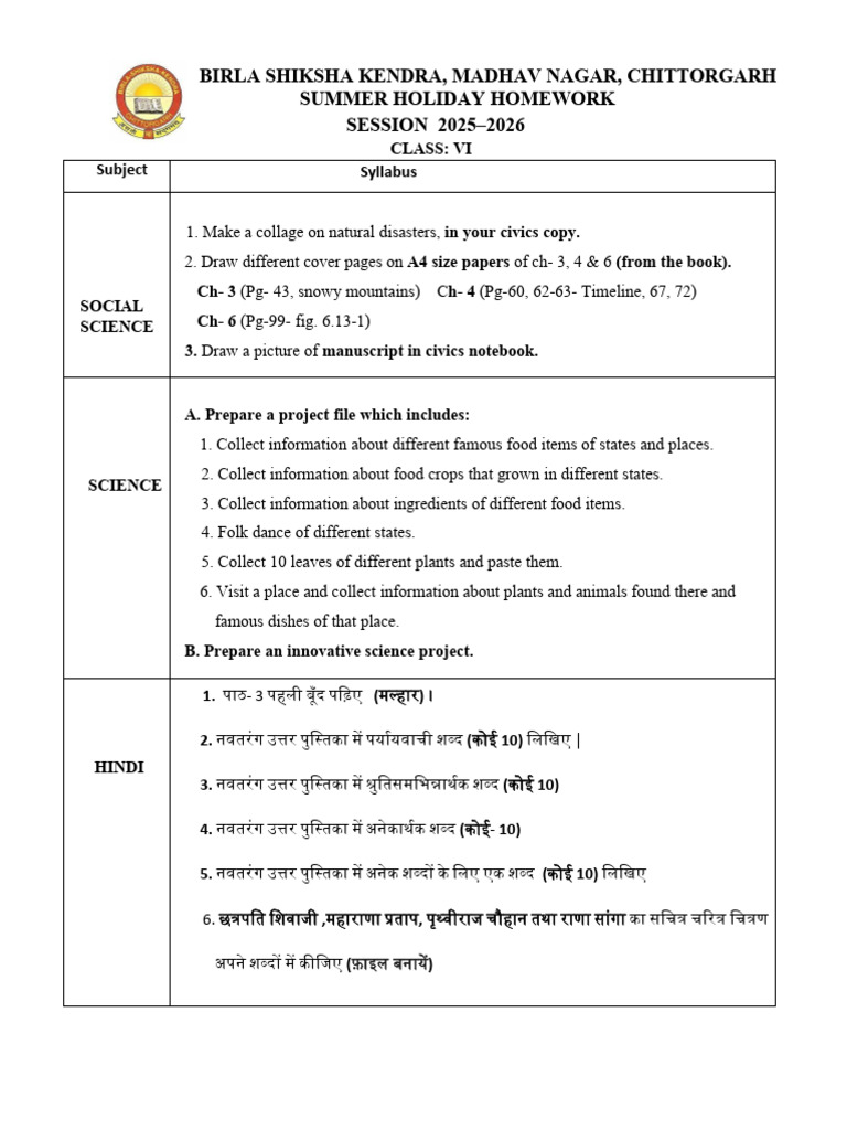 Summer Holiday Homework Class 6 | PDF