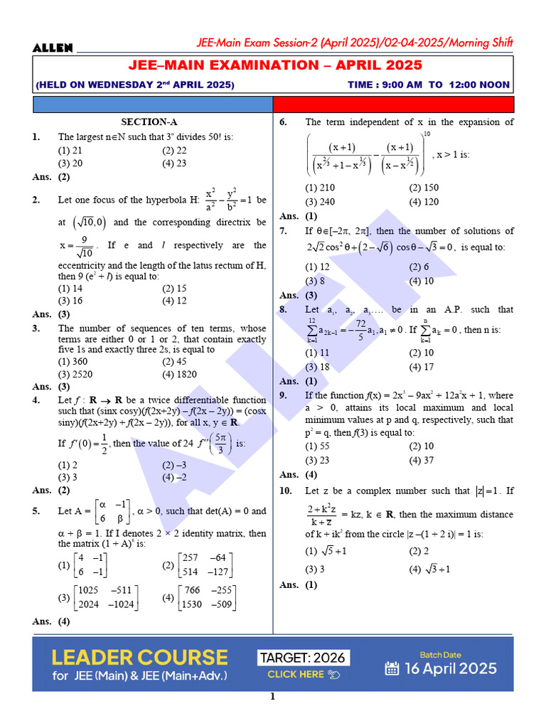 02-april-shift-1-mathematics-ans | PDF | Matrix (Mathematics) | Euclidean Geometry