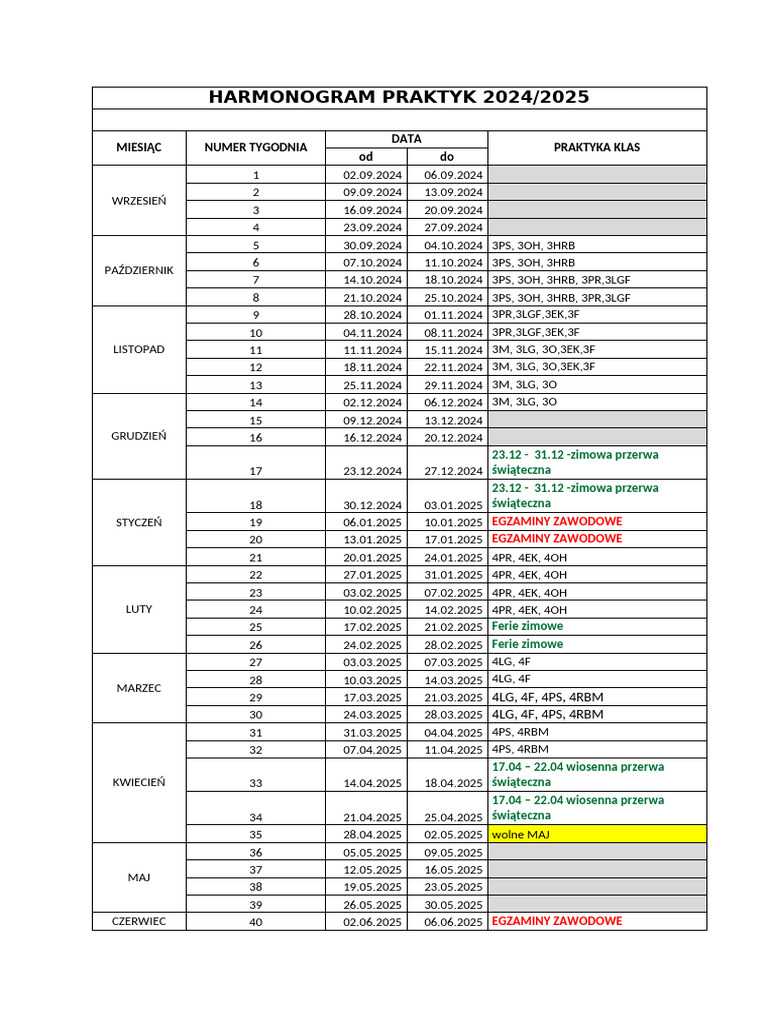 Harmonogram Praktyk | PDF