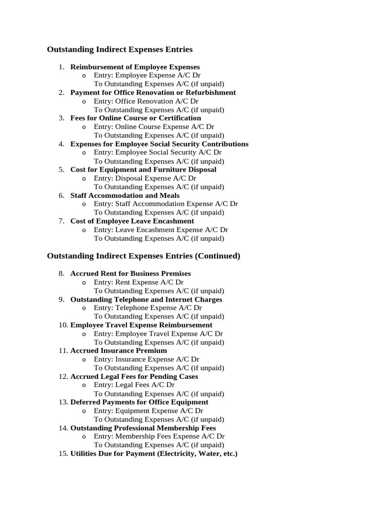Outstanding Indirect Expenses Entries | PDF | Expense | Fee