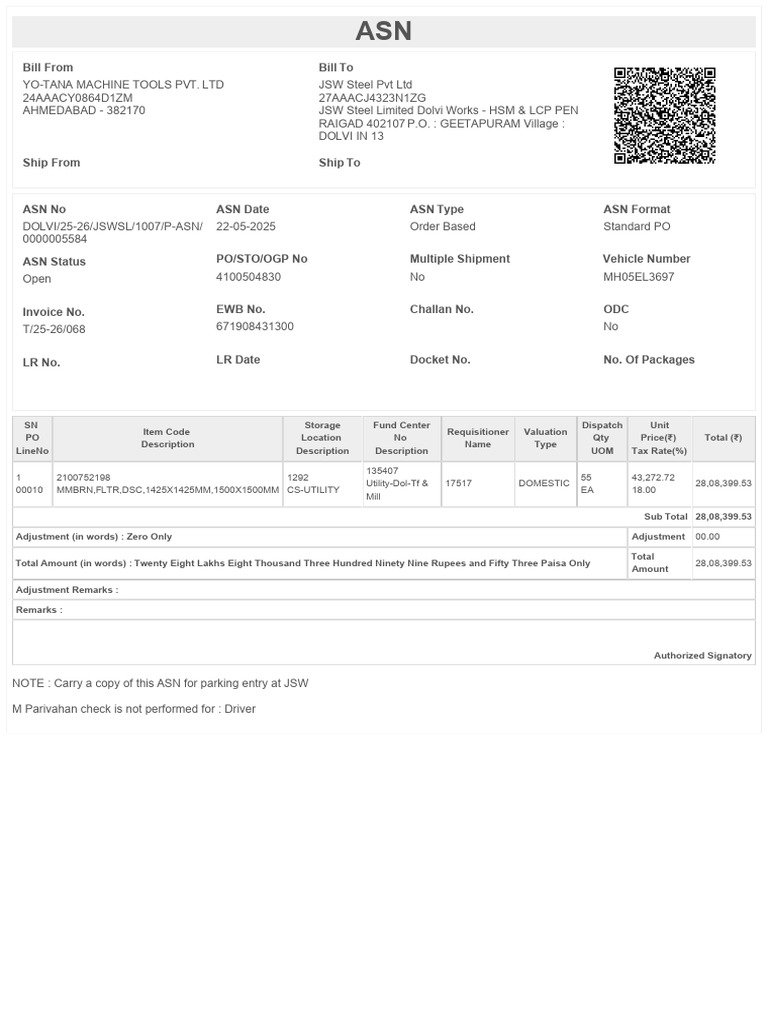 ASN for JSW Dolvi Shipment | PDF | Rupee | Economy Of India