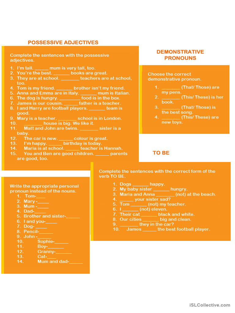 Possessive adjectives, demonstrative pronouns, verb TO BE & personal ...