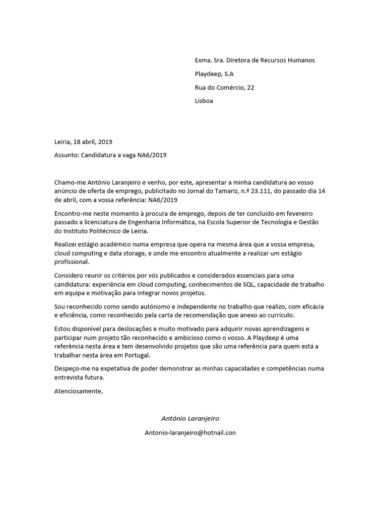 Exemplo 1 carta de candidatura | PDF