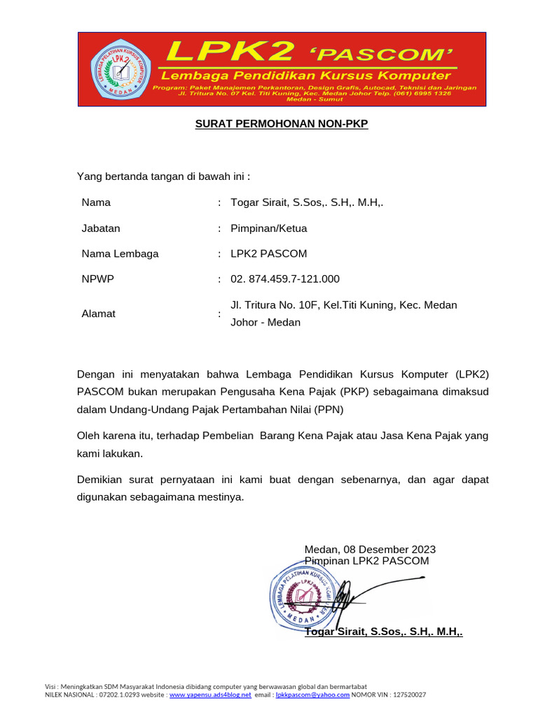 Surat Permohonan Non Pkp Lpk2 Pascom | PDF