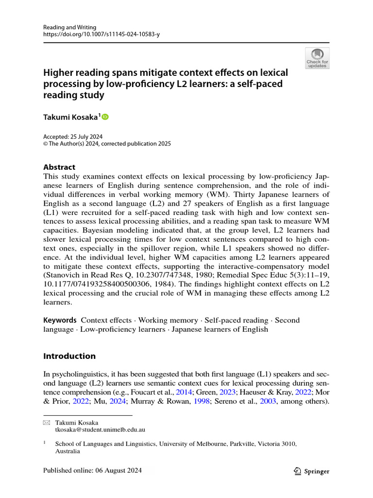 Higher Reading Spans Mitigate Context Effects On Lexical Processing by Low-Proficiency L2 ...