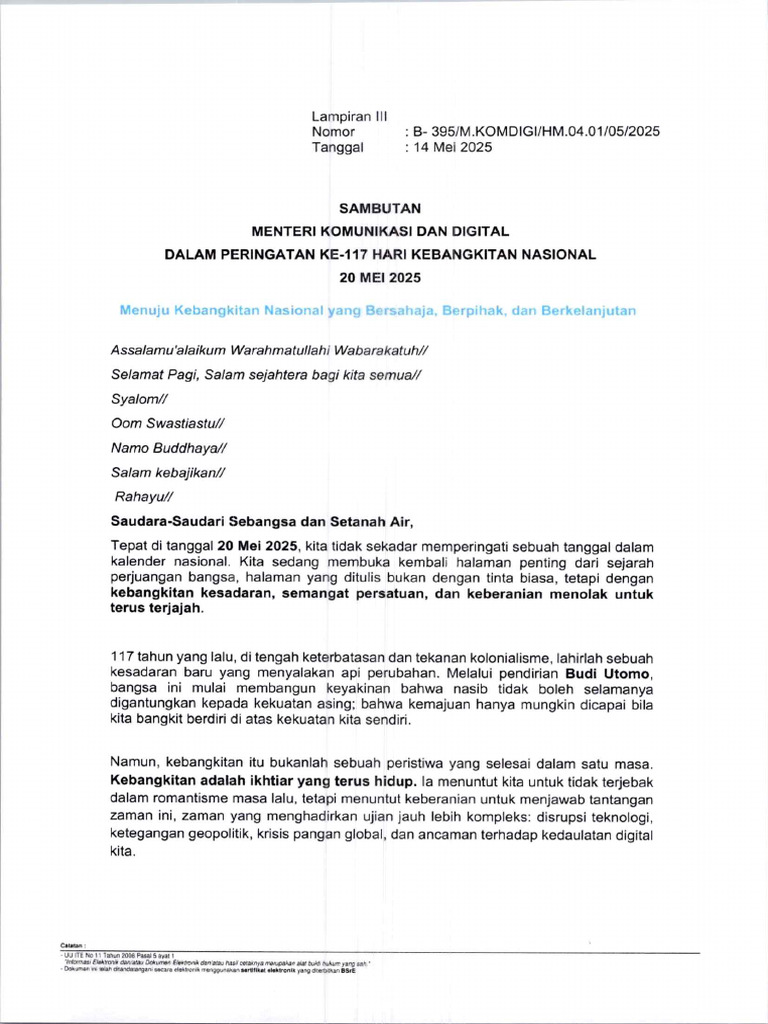 SAMBUTAN MENTERI KOMDIGI Upacara Hari Kebangkitan Nasional Ke-117 Tahun 2025 | PDF
