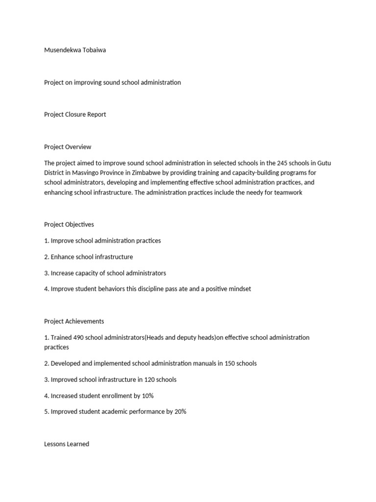 Musendekwa Tobaiwa Project Closureeee | PDF | Monitoring And Evaluation | Capacity Building