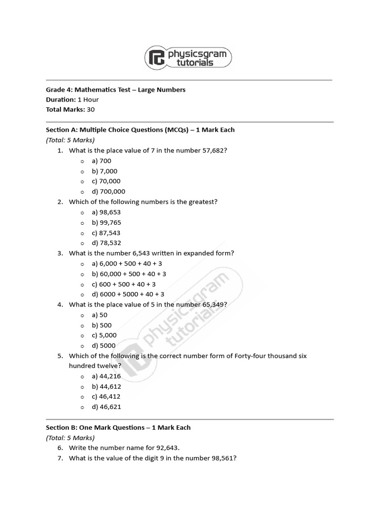 Grade 4 Math Test: Large Numbers | PDF