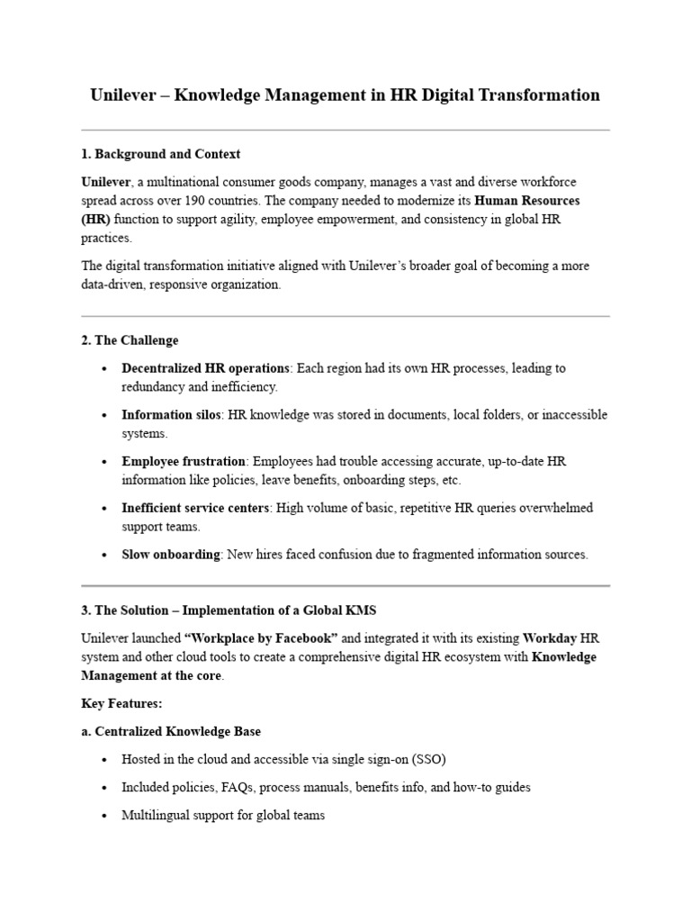 Case Study - Unilever KMS HR | PDF | Analytics | Change Management