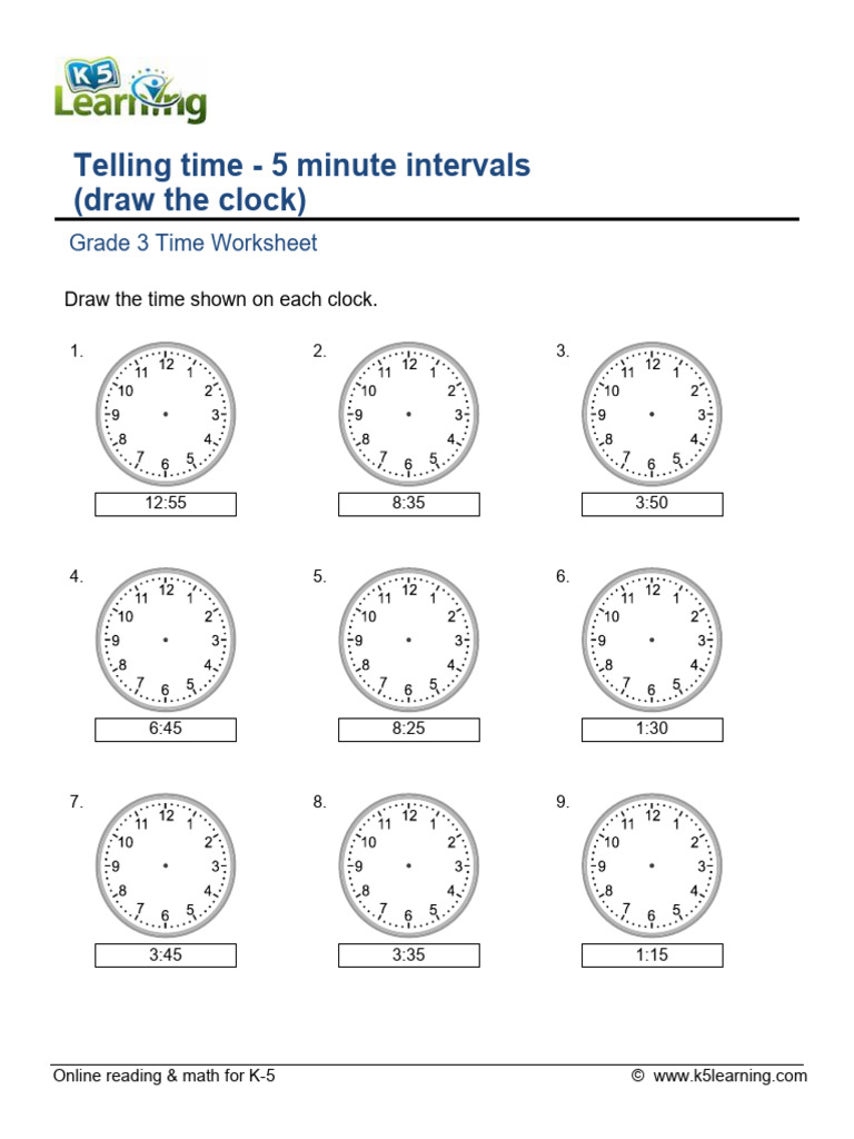 Grade 3 Telling Time Worksheet - Draw Clock To 5 Minute Intervals-2 | PDF