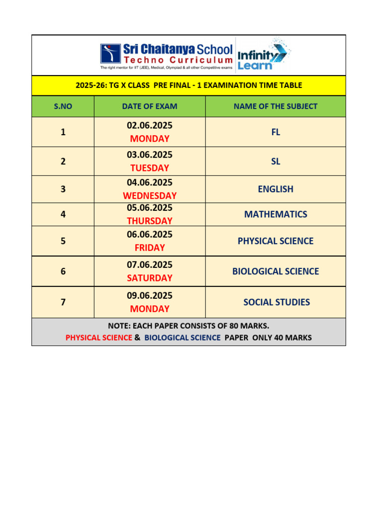 2025-26 TG X Class Prefinal-1 Examination Time Table | PDF