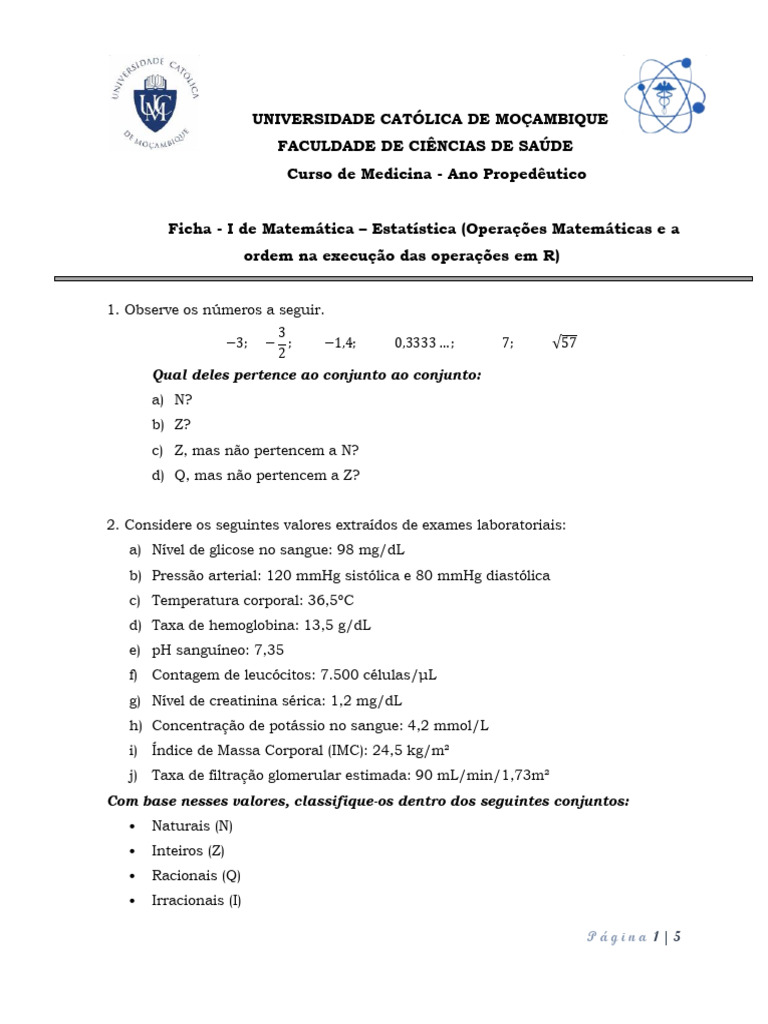 Ficha - I de Matemática - Estatística (Operações Matemáticas e A Ordem ...