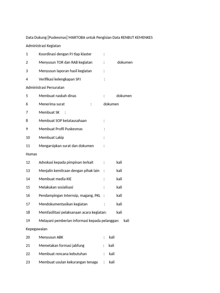 Data Dukung Untuk RENBUT KEMENKES | PDF