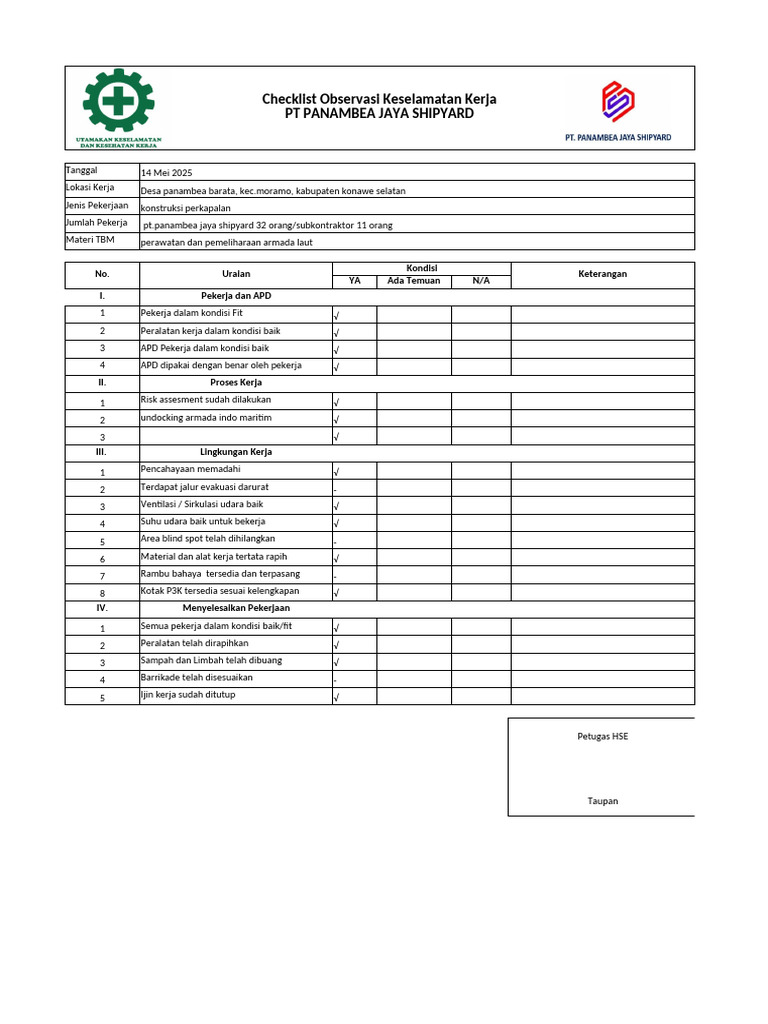 Checklist Observasi Keselamatan Kerja Revisi-1 | PDF