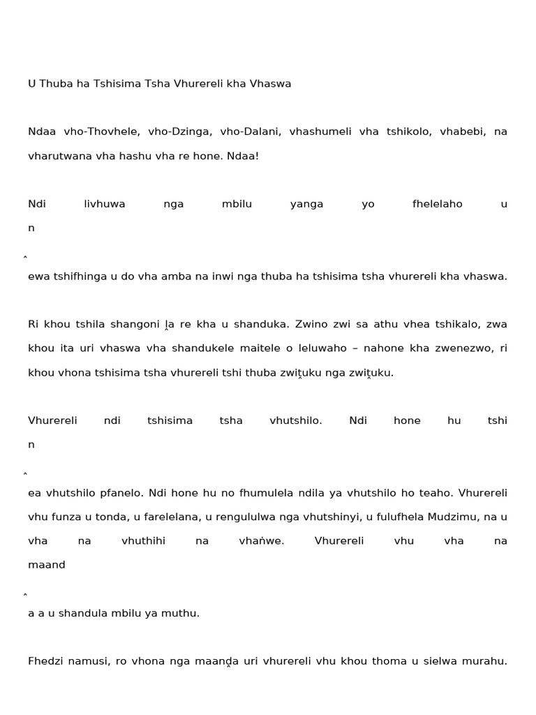 Tshivenda Speech U Thuba Ha Tshisima Tsha Vhurereli | PDF