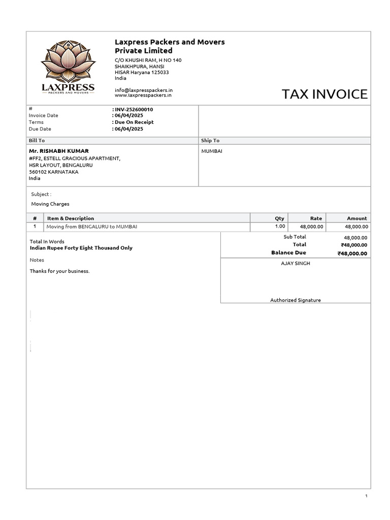 Laxpress Packers and Movers Bill | PDF