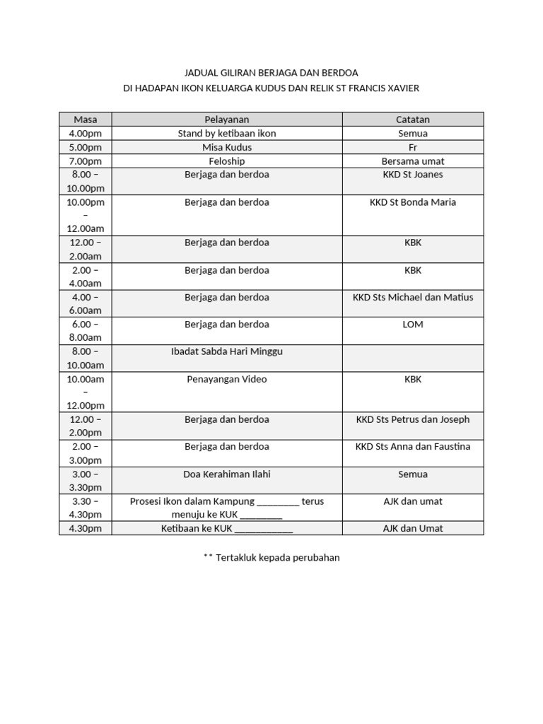 Jadwal Berjaga dan Berdoa Keluarga Kudus | PDF