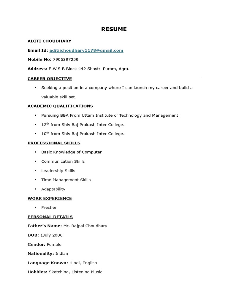 Aditi Choudhary Resume PDF | PDF