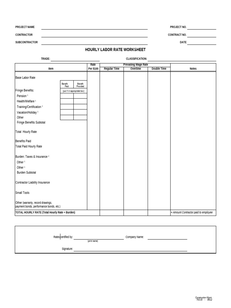 Labor Rate and Fringe Benefit Worksheet | PDF