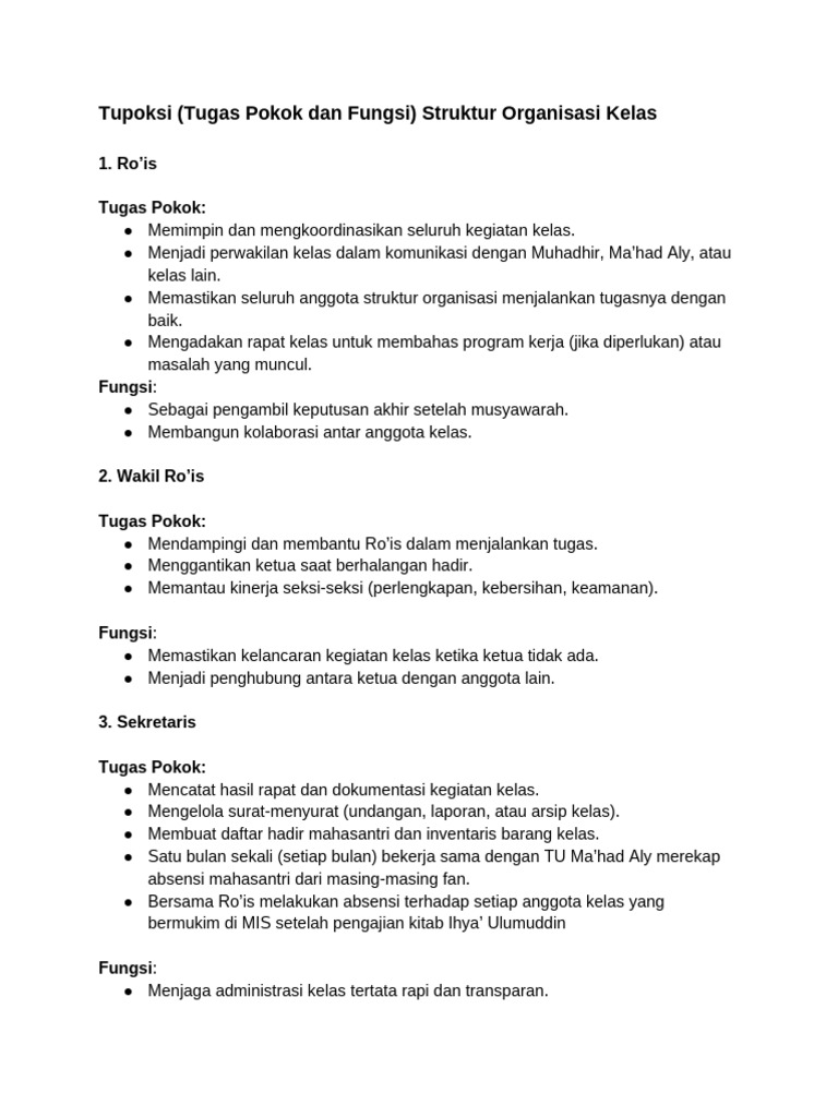Tupoksi (Tugas Pokok Dan Fungsi) Struktur Organisasi Kelas | PDF