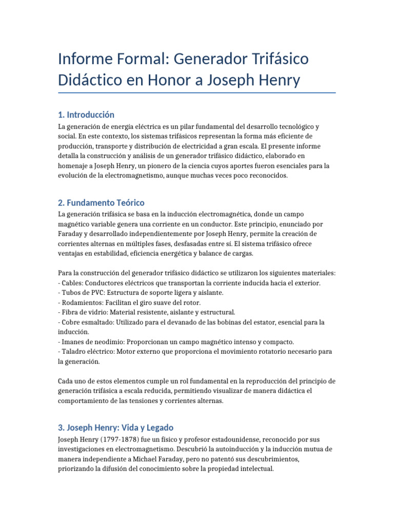 Informe Formal Generador Trifasico Joseph Henry | PDF | Generador ...