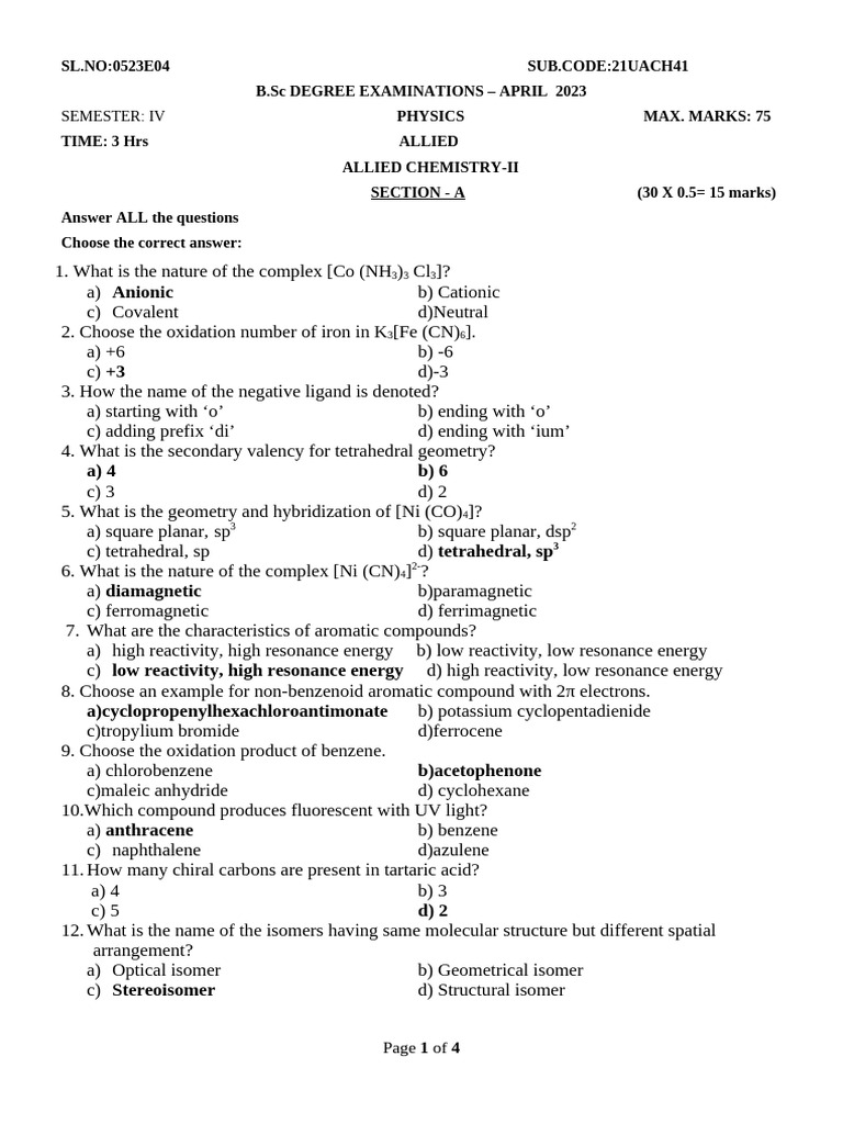 B.Sc Physics Allied Chemistry Exam 2023 | PDF | Chromatography ...