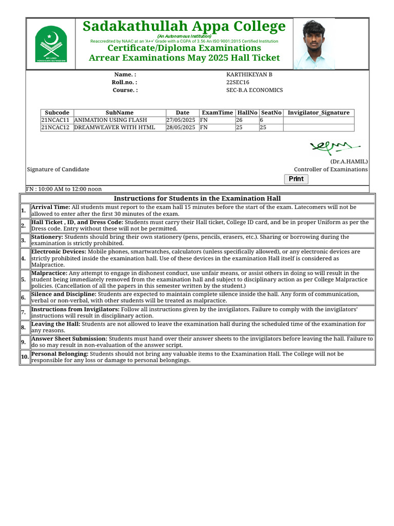 Sadakathullah Appa College - Value Added Programme Hall Ticket | PDF