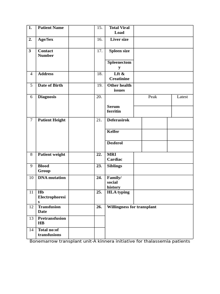 Pre Transplant Data Sheet - Copy | PDF