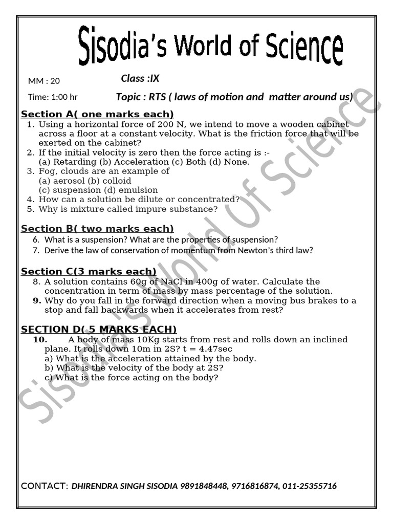 laws of motion and matter around us RTS | PDF