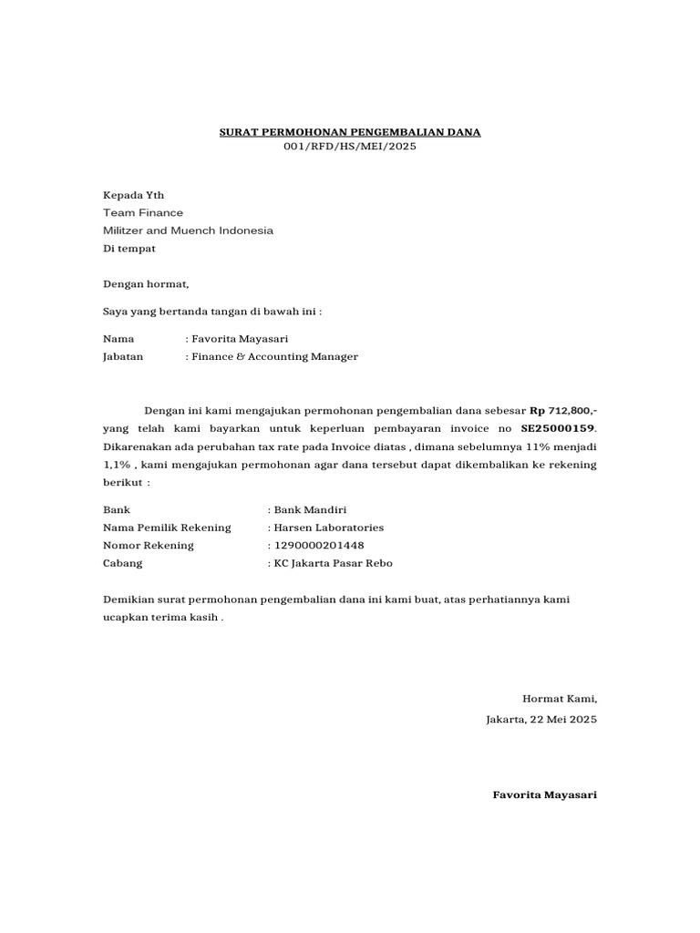 Surat Permohonan Pengembalian Dana | PDF