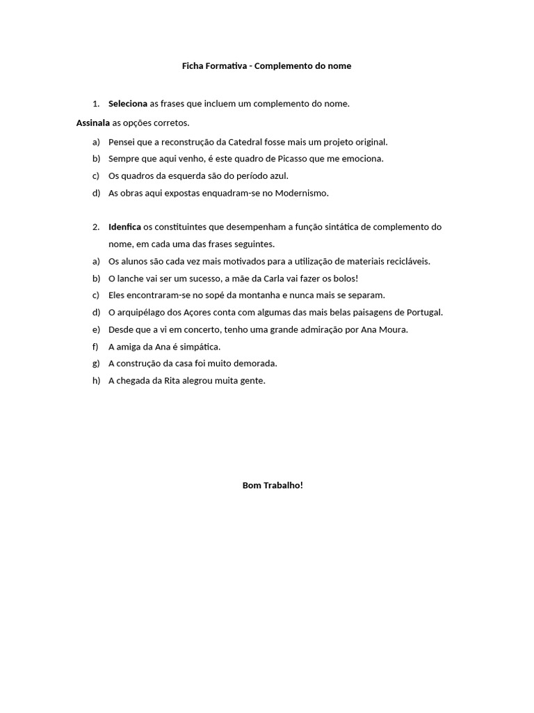 Complemento do nome exercicios | PDF