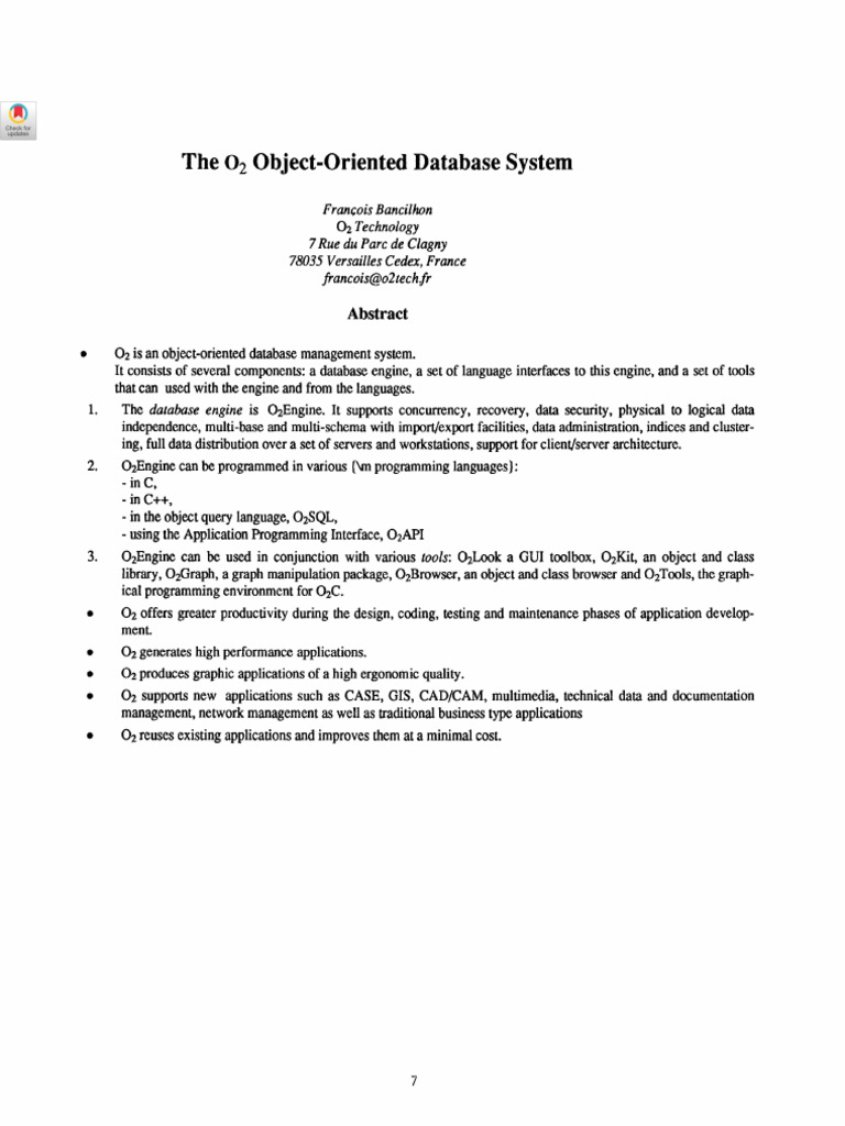 Bancilhon - 1992 - The O2 Object-Oriented Database System | PDF | Databases | Computer Programming