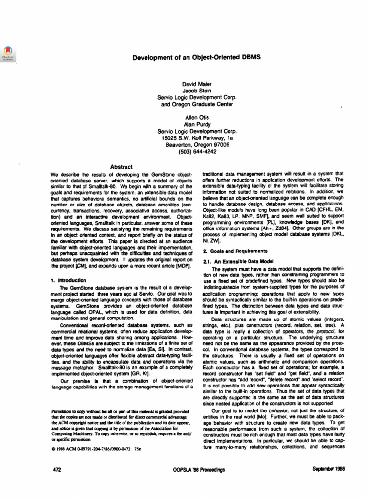 Maier et al. - 1986 - Development of an object-oriented DBMS | PDF | Databases | Class (Computer ...