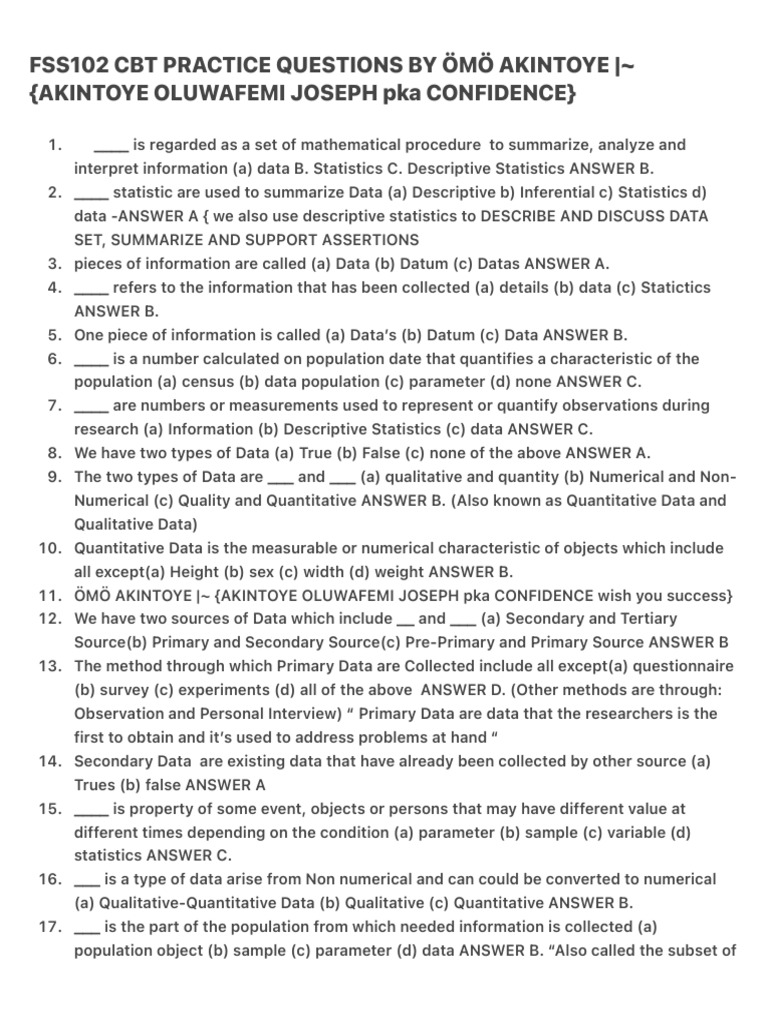 FSS102 CBT P.Q by Ömö Akintoye | PDF | Type I And Type Ii Errors ...