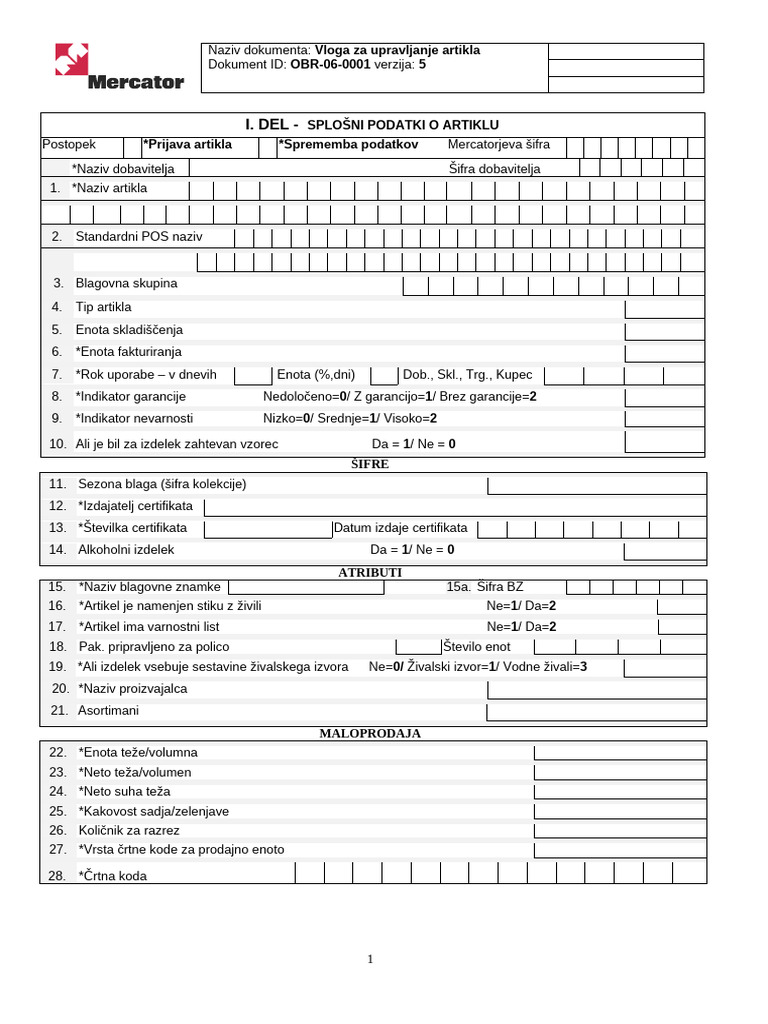 Vloga Za Upravljanje Artikla SLO | PDF