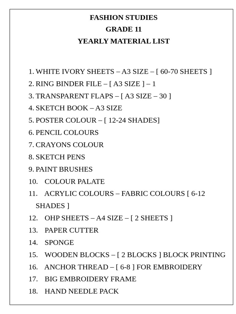 Fashion Studies Class 11th Material List | PDF